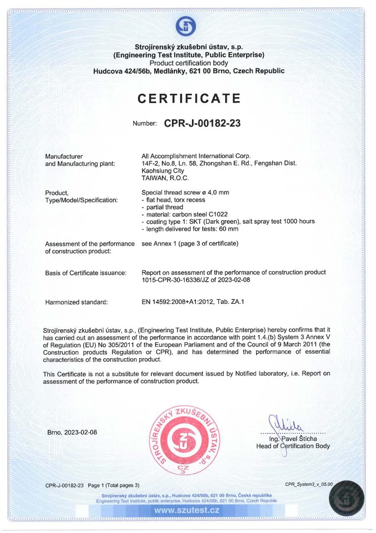 Certificate CE -CPR-J-00182-23 | All Accomplishment International Corp